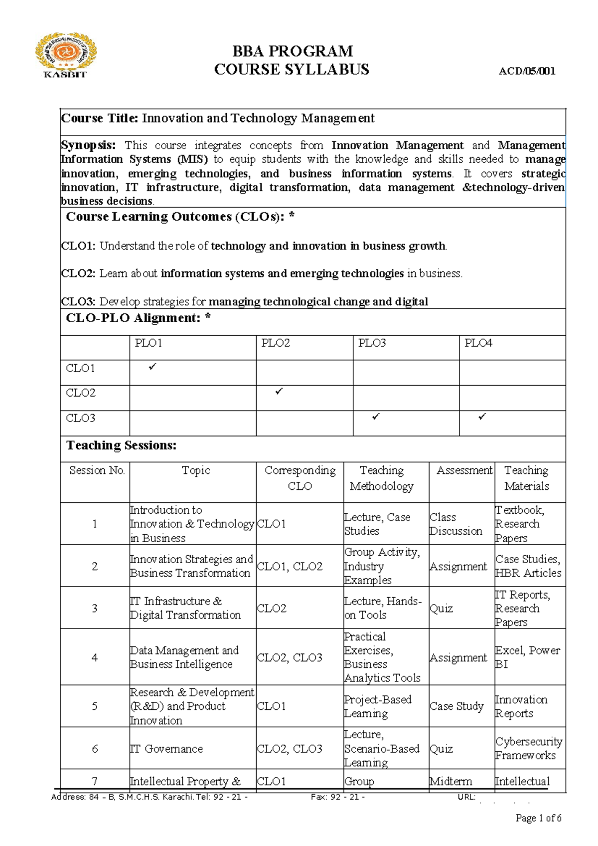 ACD/05: Innovation and Technology Management Course Syllabus Overview ...