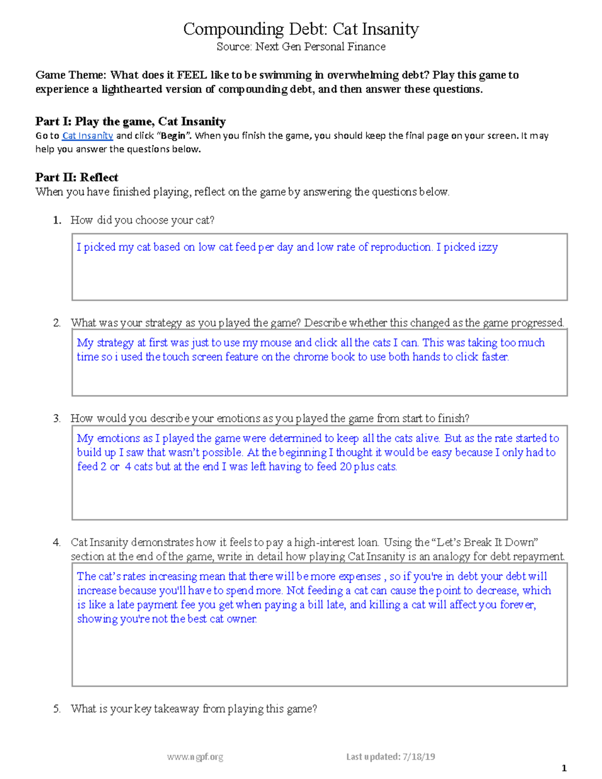 NGPF: Interactive Game Reflection on Cat Insanity and Debt Management ...