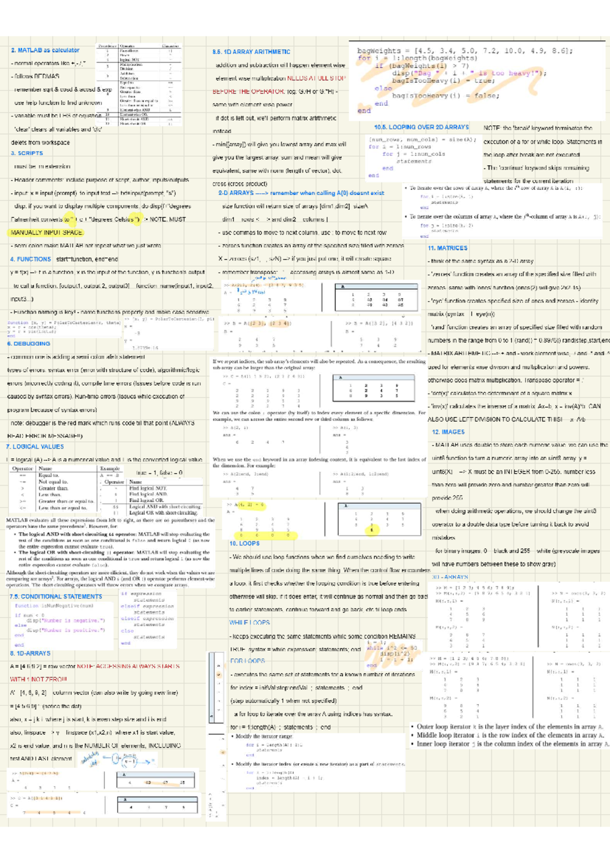 MATLAB Operators and Array Manipulation Cheat Sheet (MATLAB 101) - Studocu
