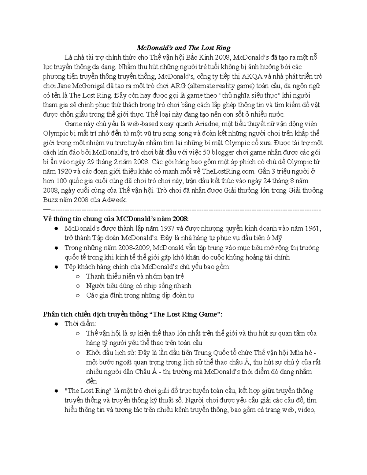 Case Study: McDonald's "The Lost Ring" Campaign Analysis - Studocu