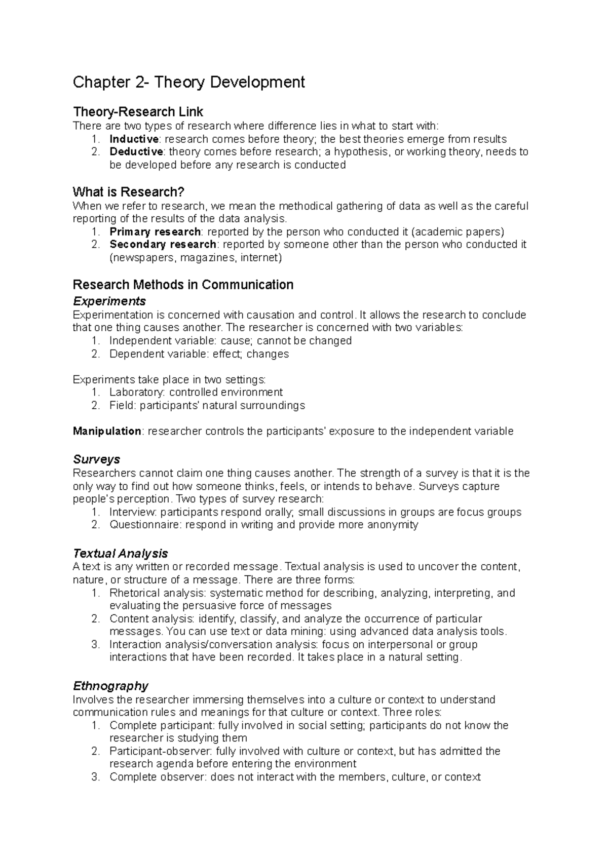 Chapter 2 - Theory Development in Research Methods (COMM 101) - Studeersnel