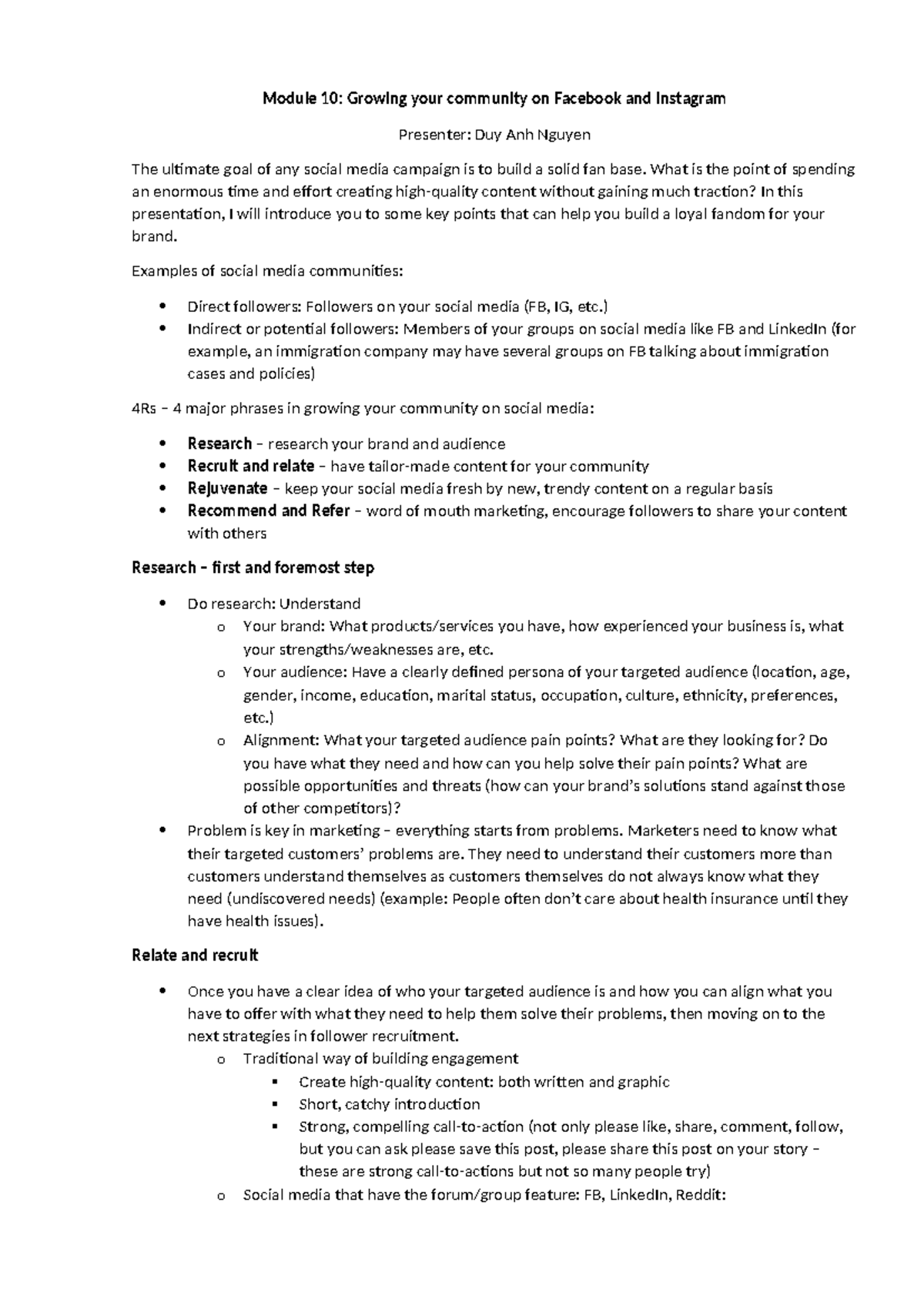 Duy Anh - Module 10 - Homework: Building Your Community on Social Media - Studocu