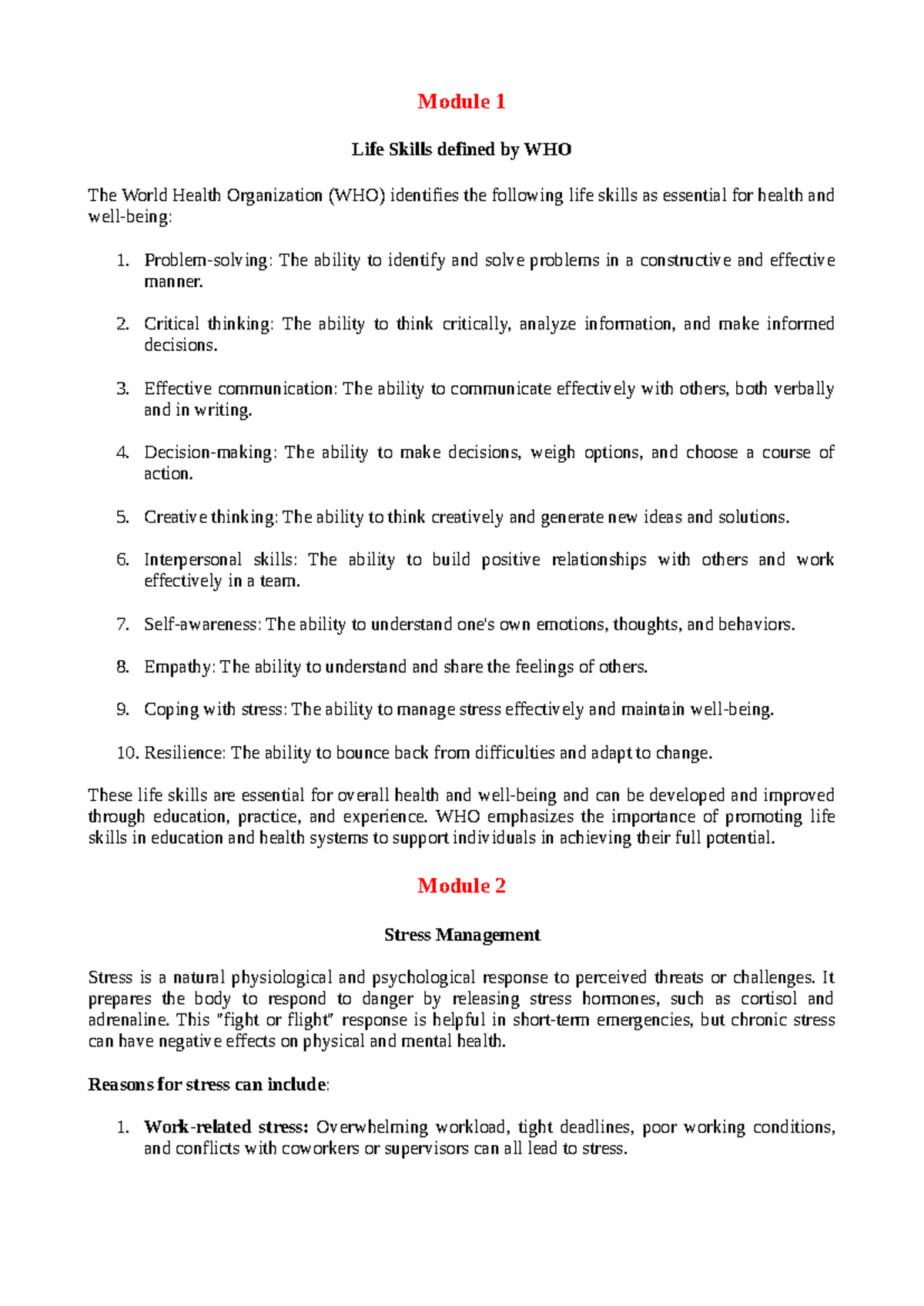 Life Skills Notes - Module 1 Life Skills defined by WHO The World ...