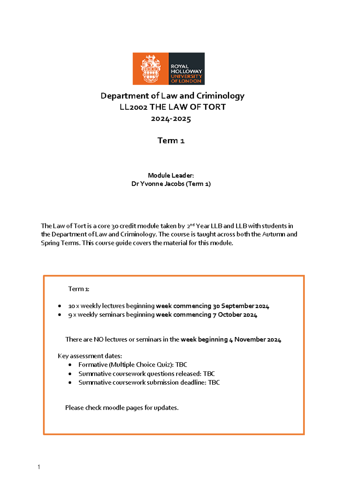 Tort Law Module Guide - LL2002 Term 1 2024-25 Overview and Resources ...