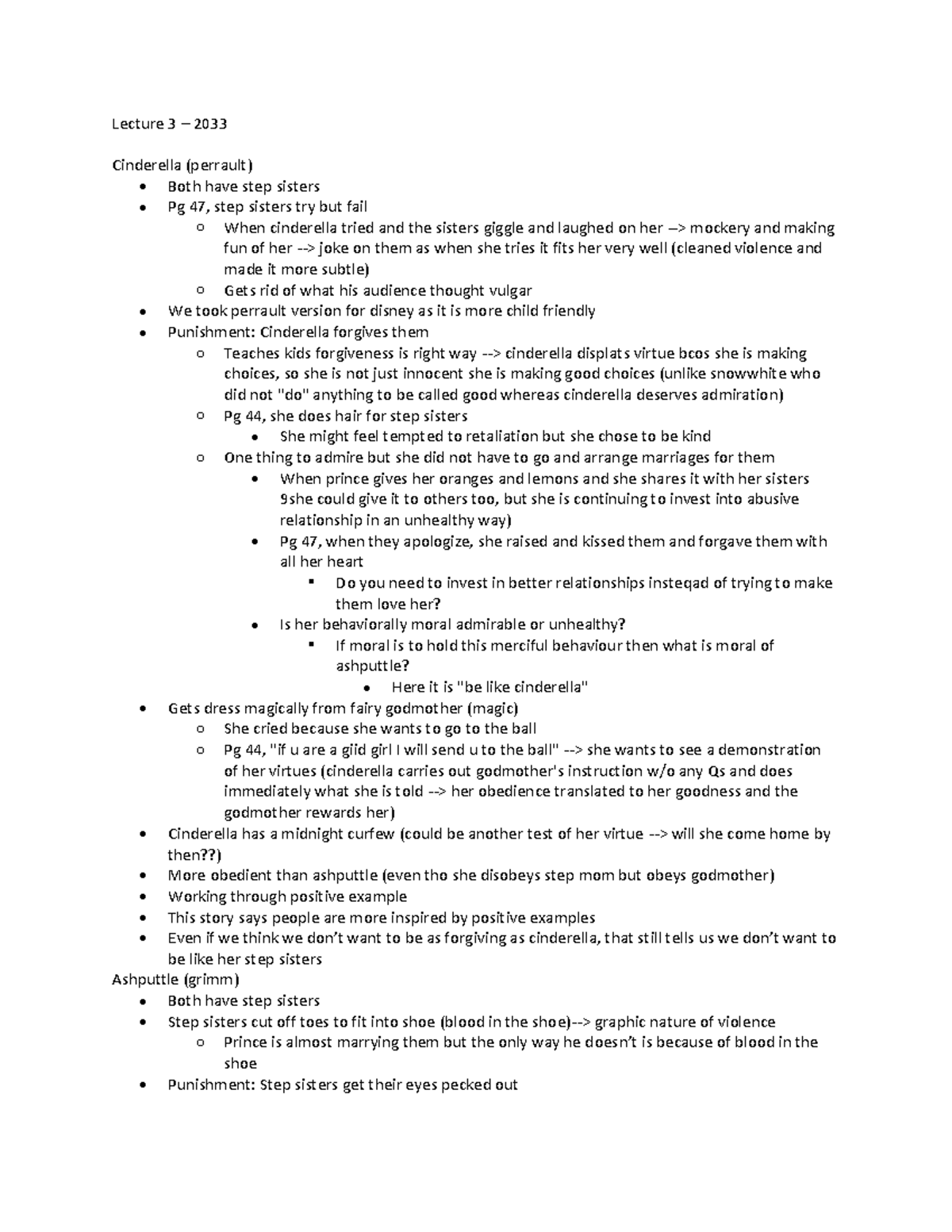 2033 Lecture Notes: Cinderella & Ashputtle Analysis - Studocu