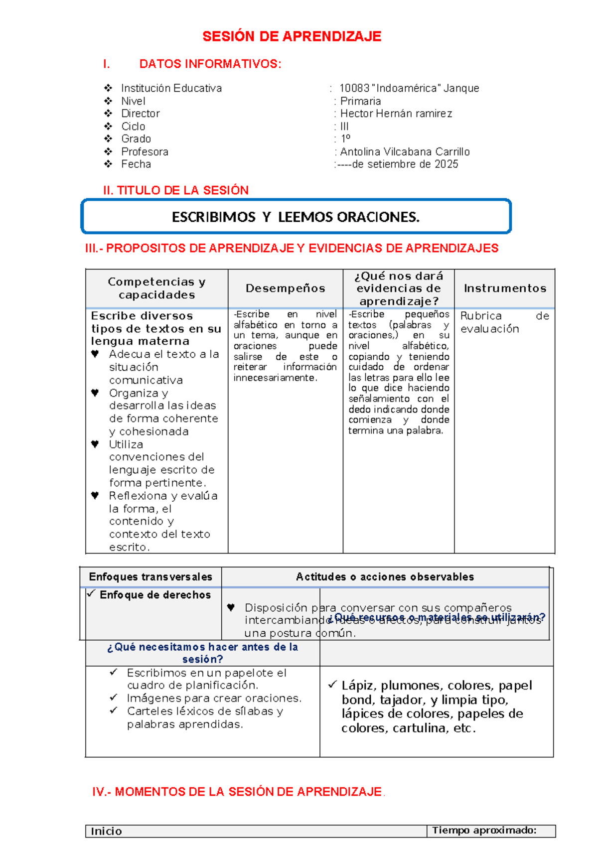 SESION DE APRENDIZAJE I: ESCRIBIMOS Y LEEMOS ORACIONES - Studocu