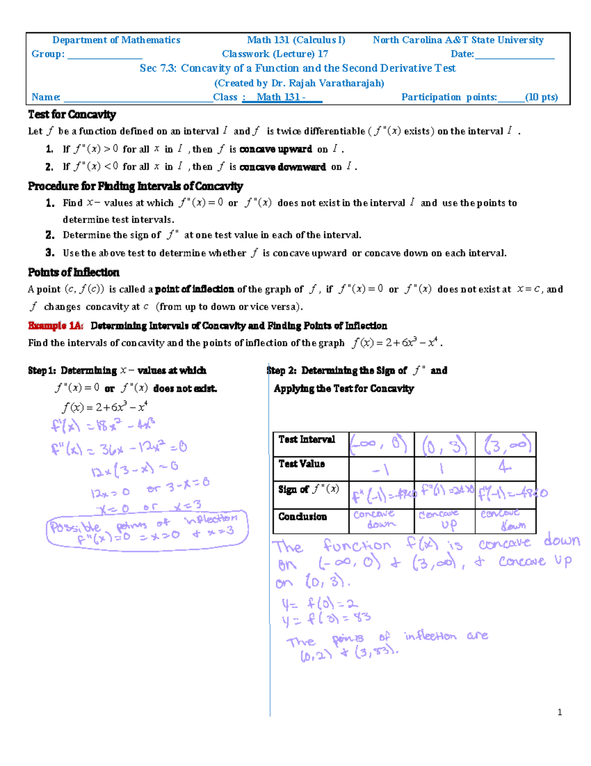 Math 131 Classwork 17: Concavity & Second Derivative Test - Studocu