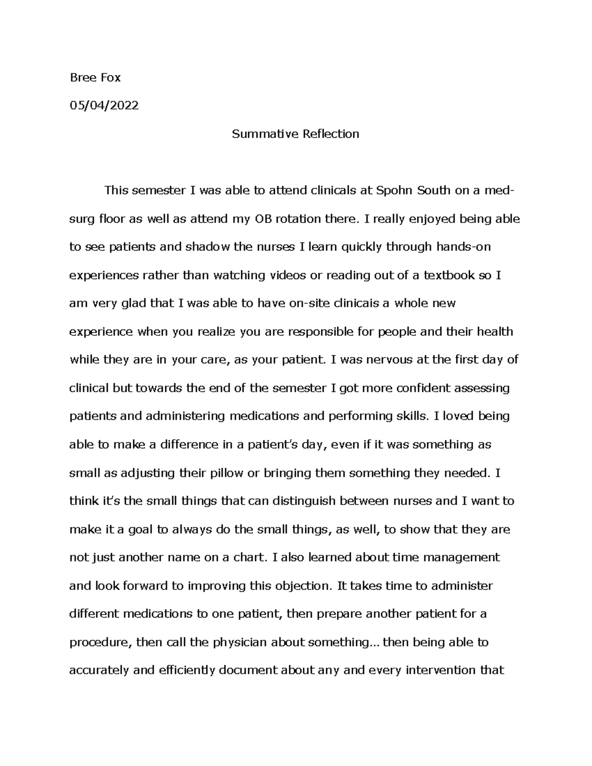 Final reflection - PAPER - Bree Fox 05/04/ Summative Reflection This ...