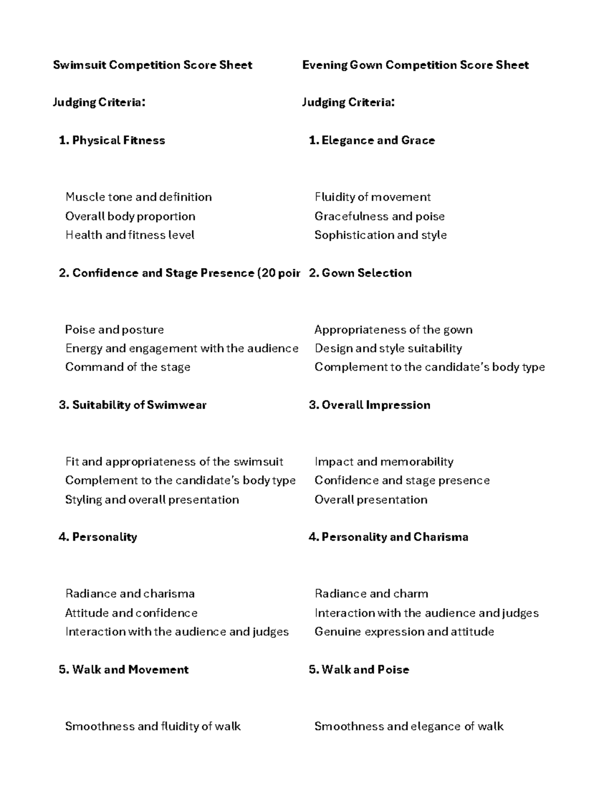 Judging Criteria for Swimsuit & Evening Gown Competitions - Studocu