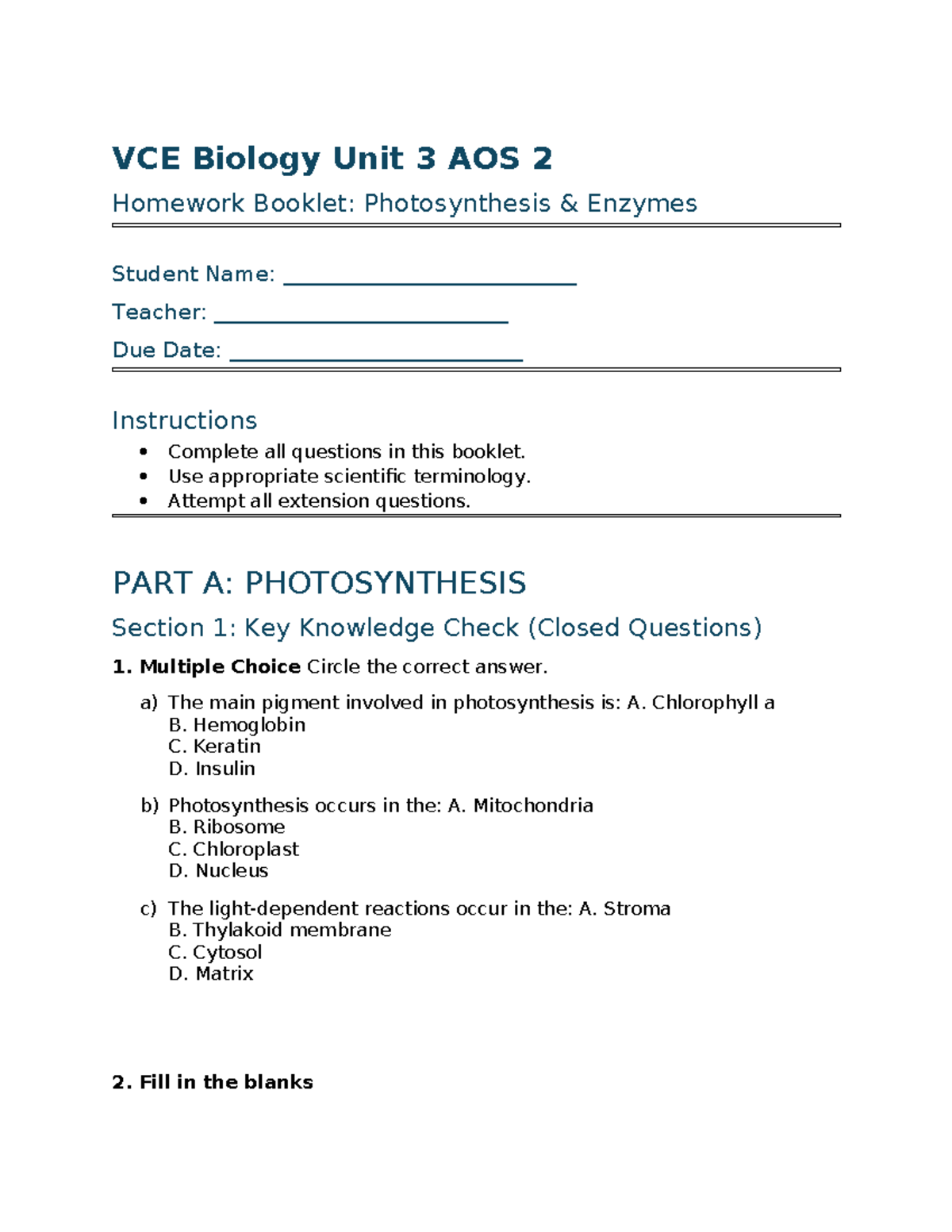 VCE Biology Unit 3 AOS 2 Revision: Photosynthesis & Enzymes - Studocu