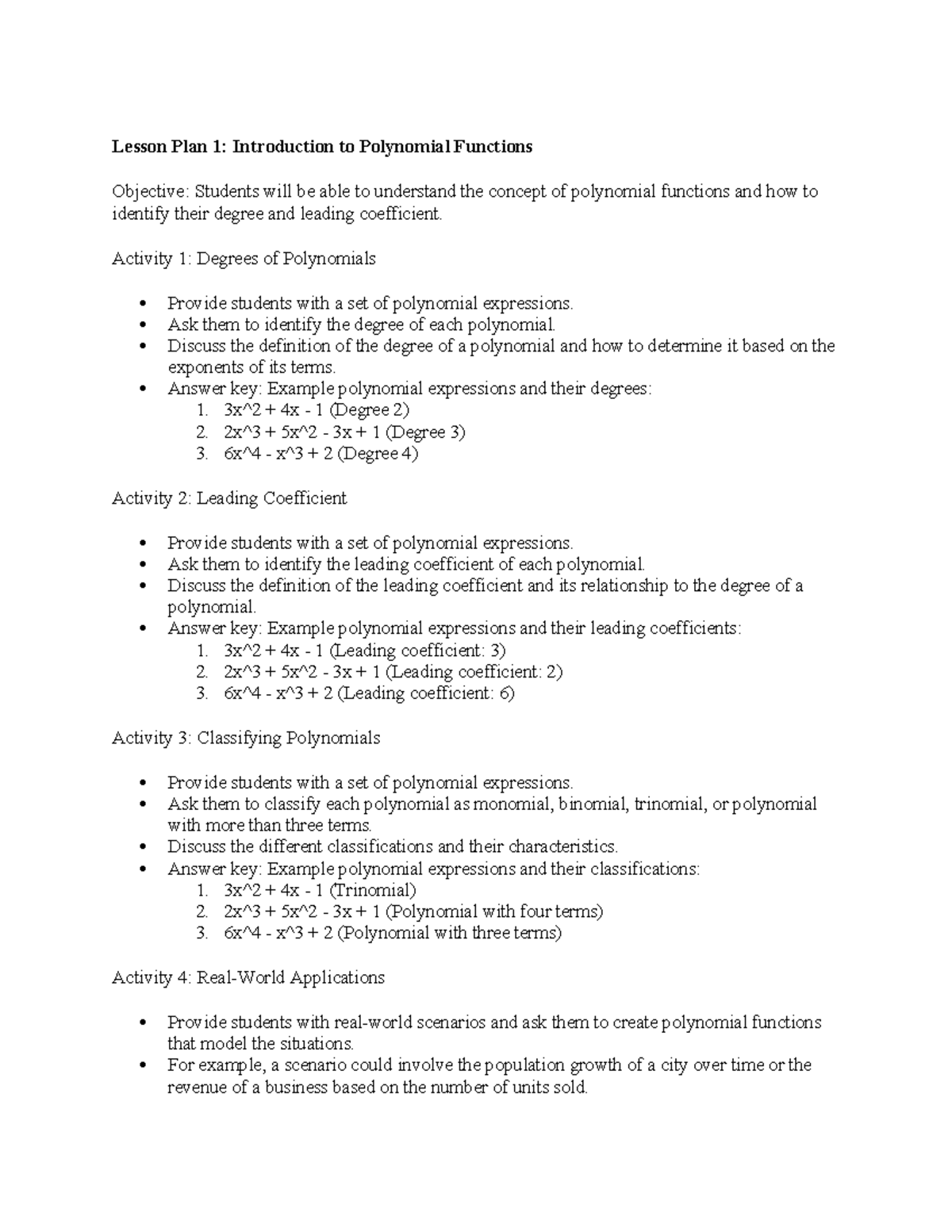 Lesson Plan 1: Introduction to Polynomial Functions (MATH 101) - Studocu