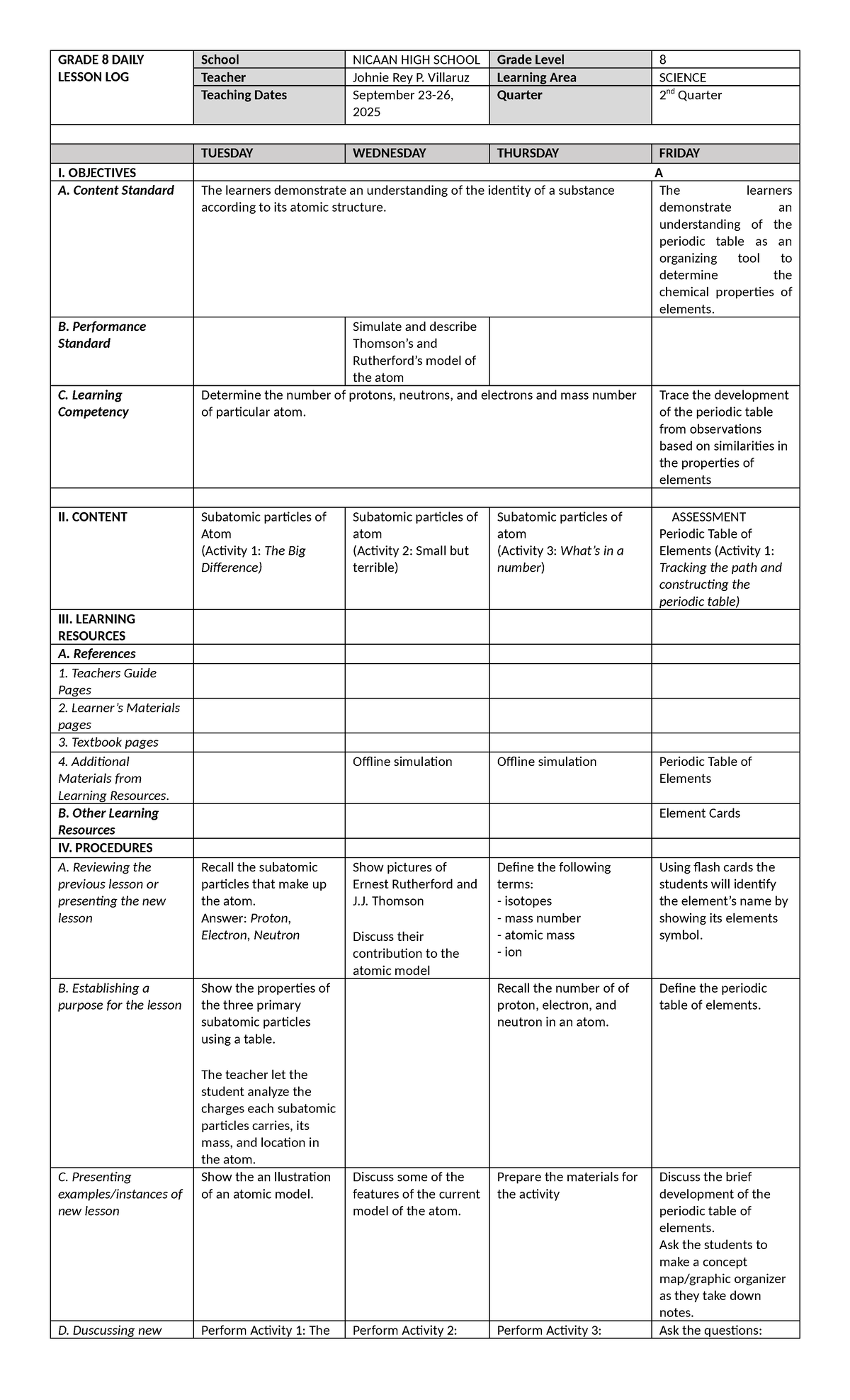Grade 8 Science Daily Lesson Log: Understanding the Periodic Table ...