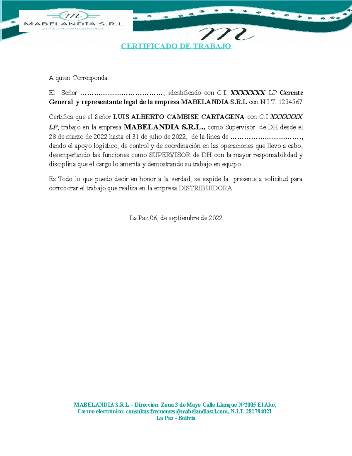 Ejemplo De Modelo De Certificado De Empleo