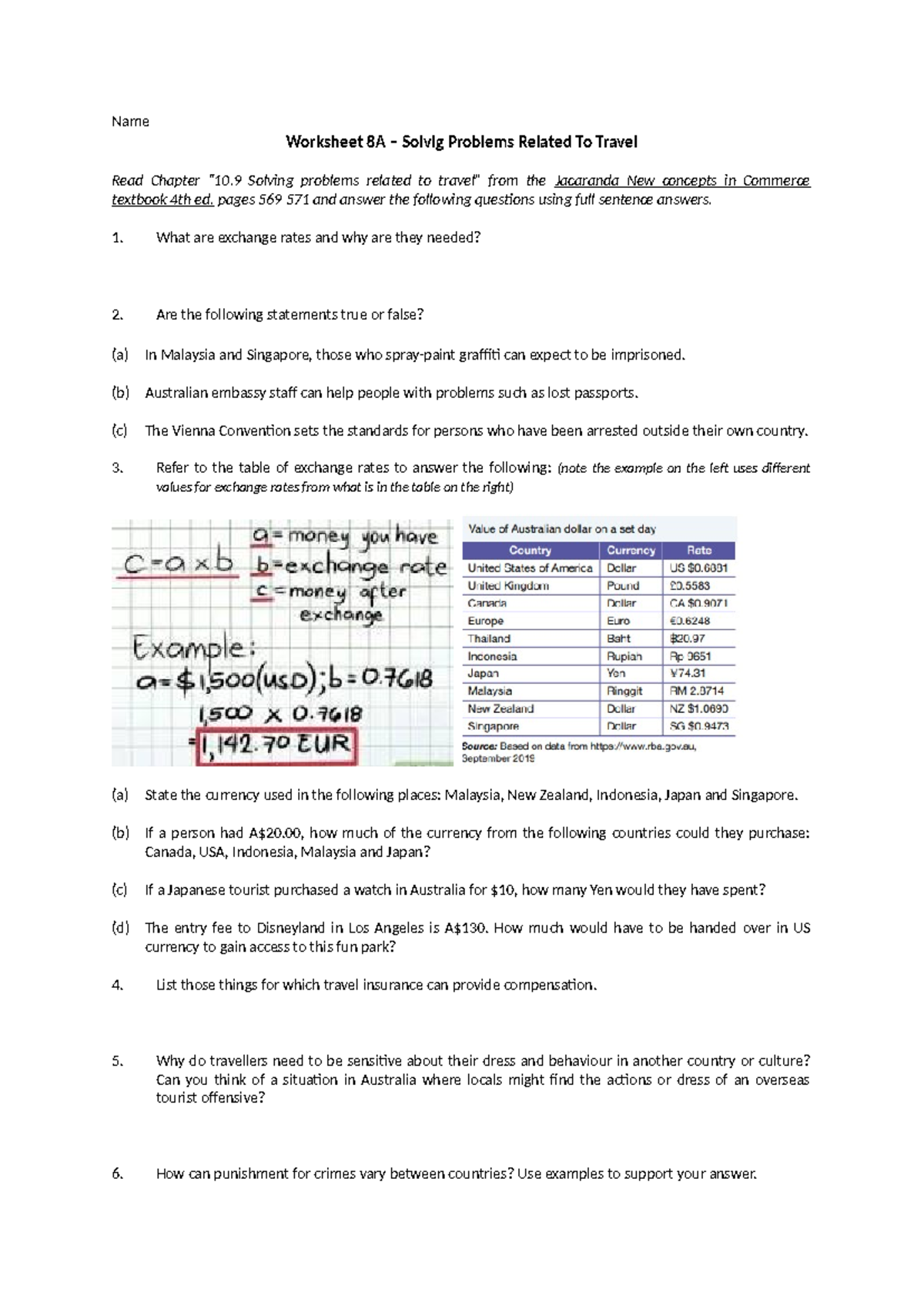 Worksheet 8A Solving Travel Problems - Name Worksheet 8A – Solvig ...