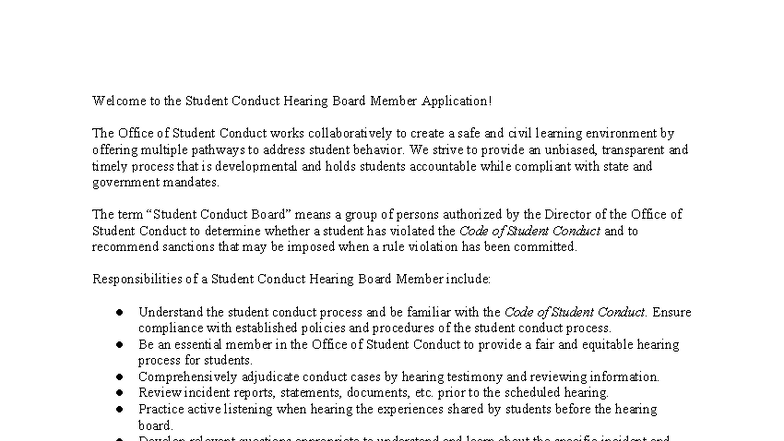 Student Conduct Hearing Board Member Application - Fall 2025 - Studocu