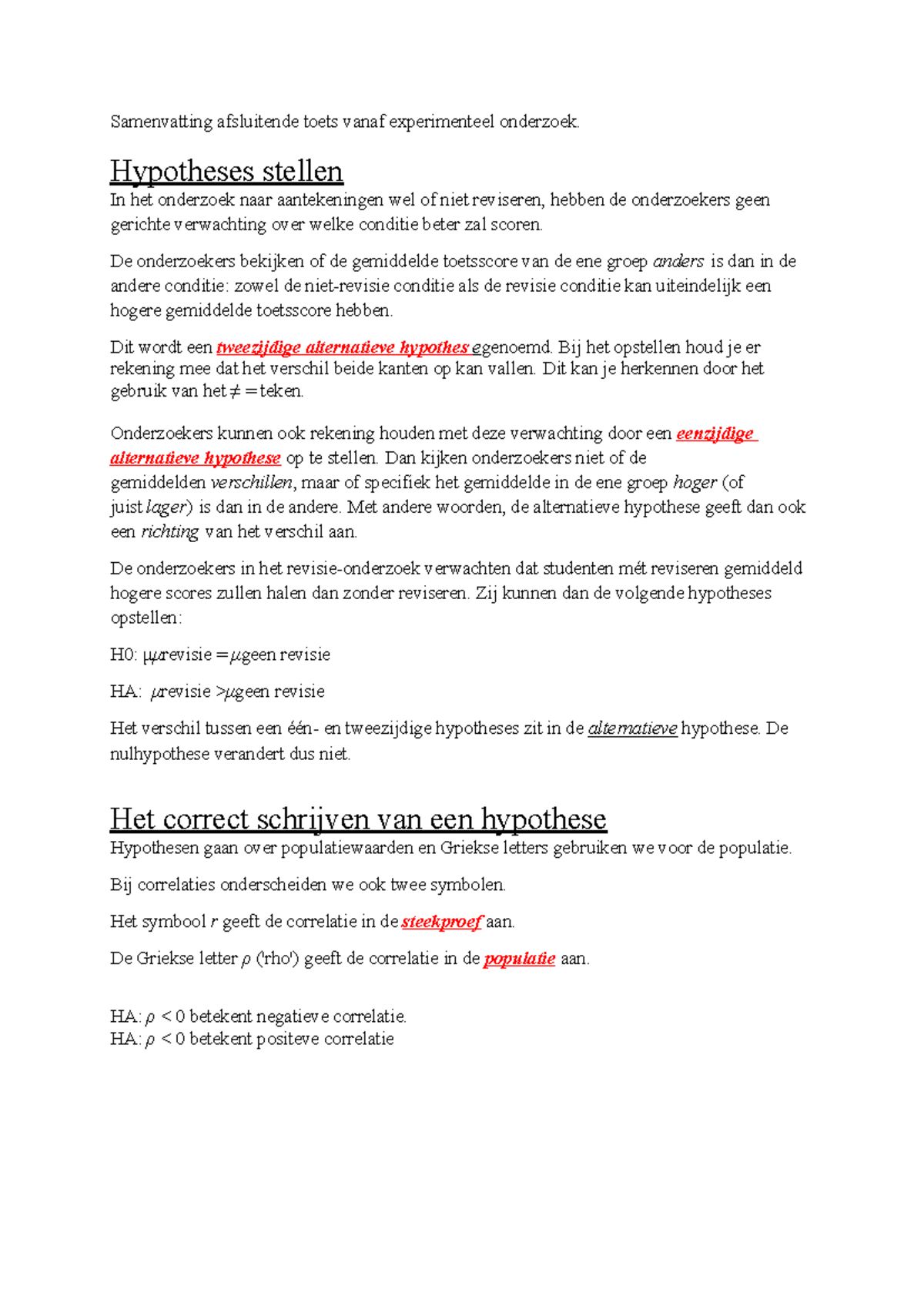 Samenvatting Afsluitende Toets: Hypotheses, P-waarden en Power ...