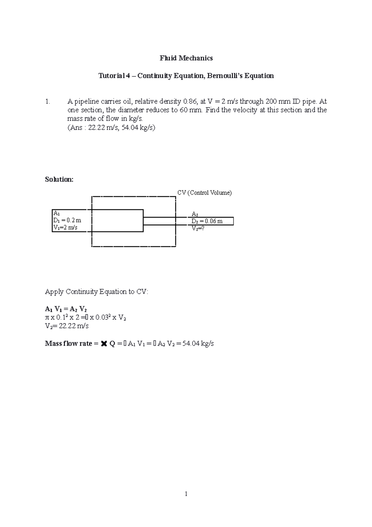 CV1012 Fluid Mechanics Tutorial 4 Solution - Fluid Mechanics Tutorial 4 – Continuity Equation ...