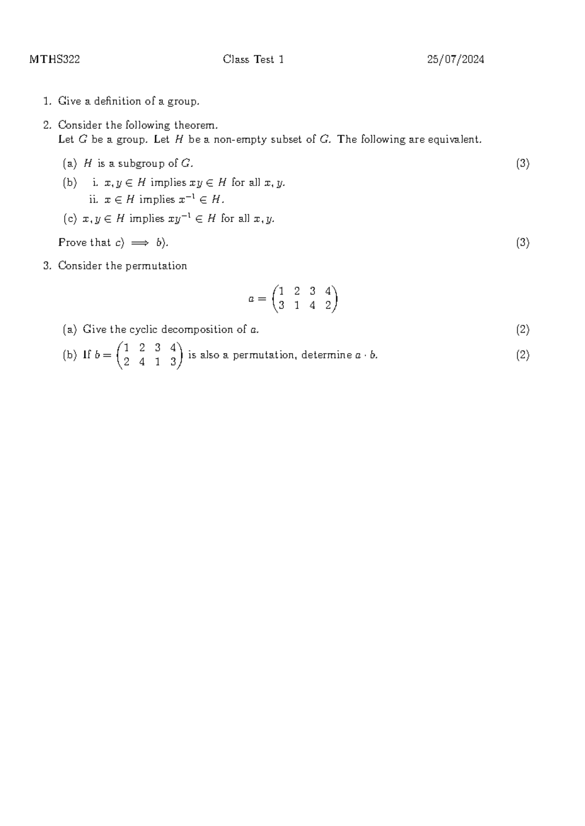 MTHS322 Class Test 1 - Group Theory and Permutations Notes - Studocu