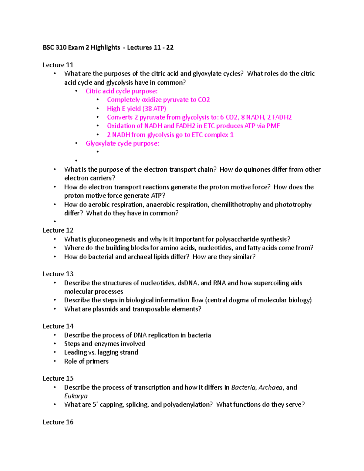 BSC 310 Exam 2 Key Highlights: Lectures 11 to 21 Overview Spr23 - Studocu