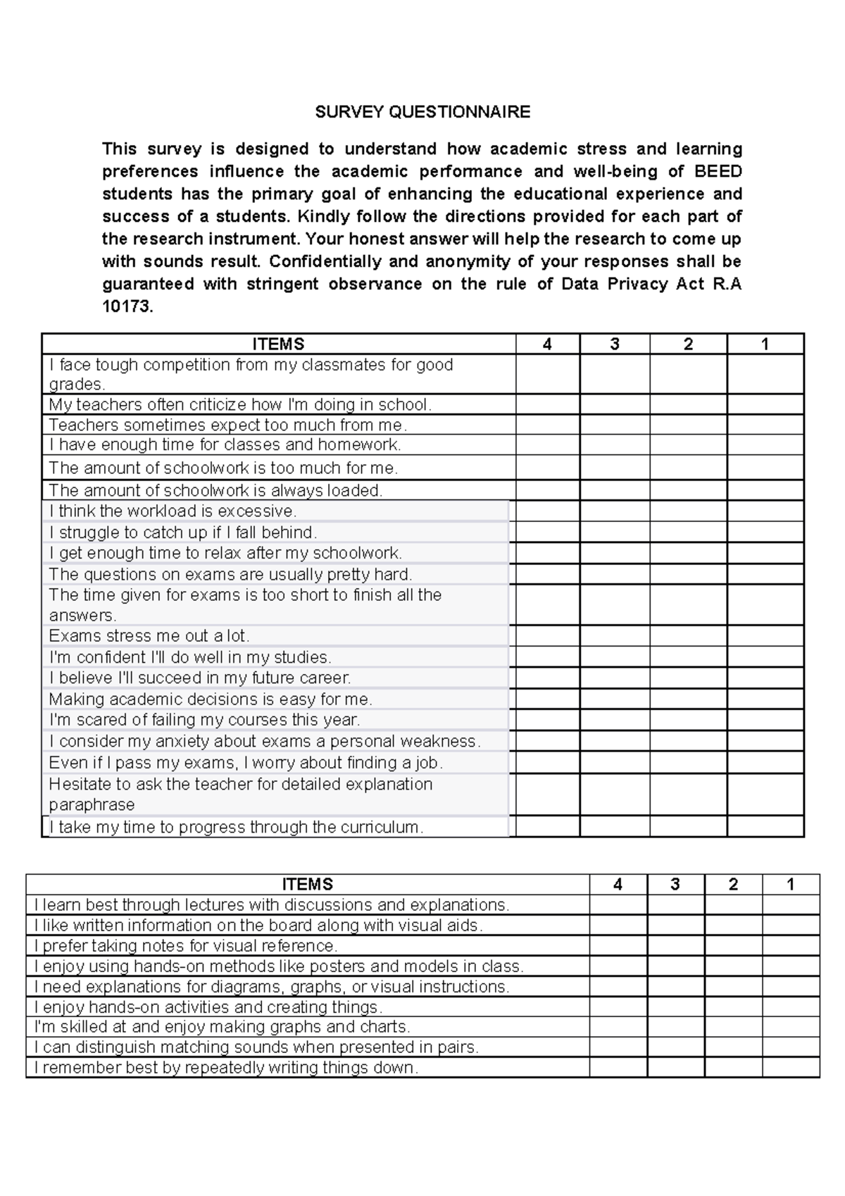 Adaptive Questionnaire on Academic Stress and Learning Preferences ...