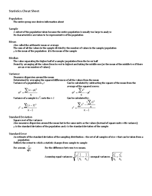 Final Formula Sheet for Statistics (Course Code: STAT101) - Studocu