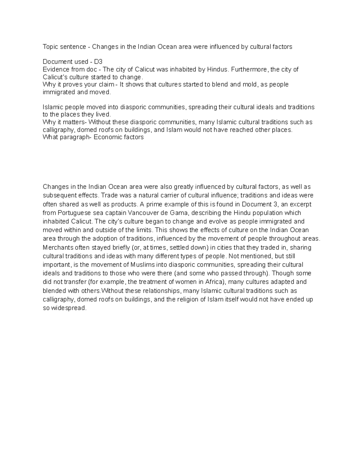 DBQ Essay Paragraph 3: Cultural Influences in the Indian Ocean - Studocu