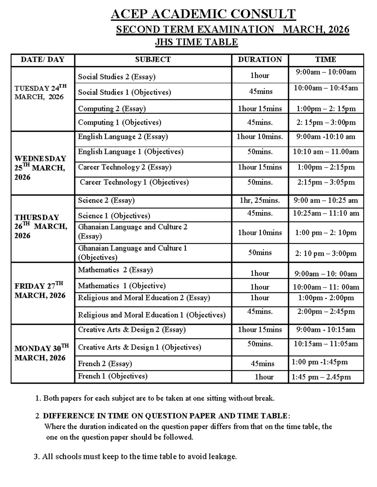 ACEP JHS 2nd Term Exam Timetable - March 2026 - Studocu