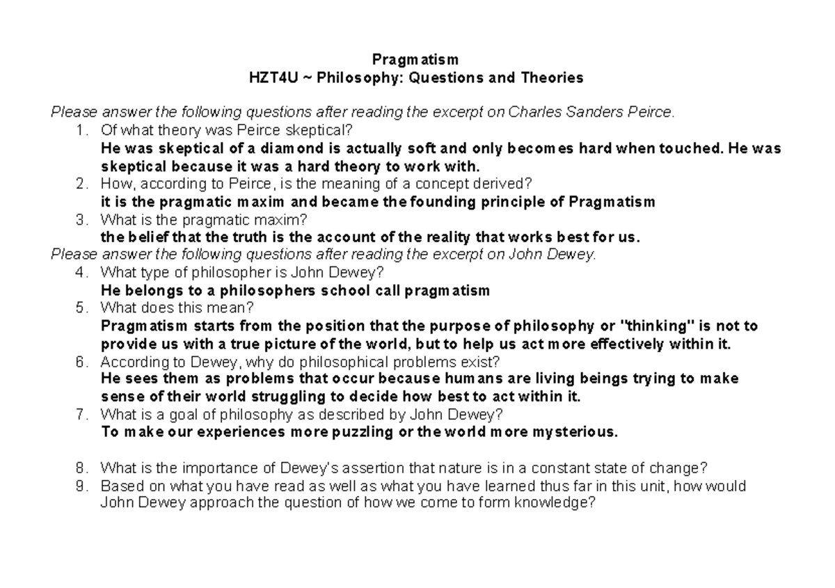 Pragmatism HZT4U: Key Questions on Peirce and Dewey's Theories - Studocu