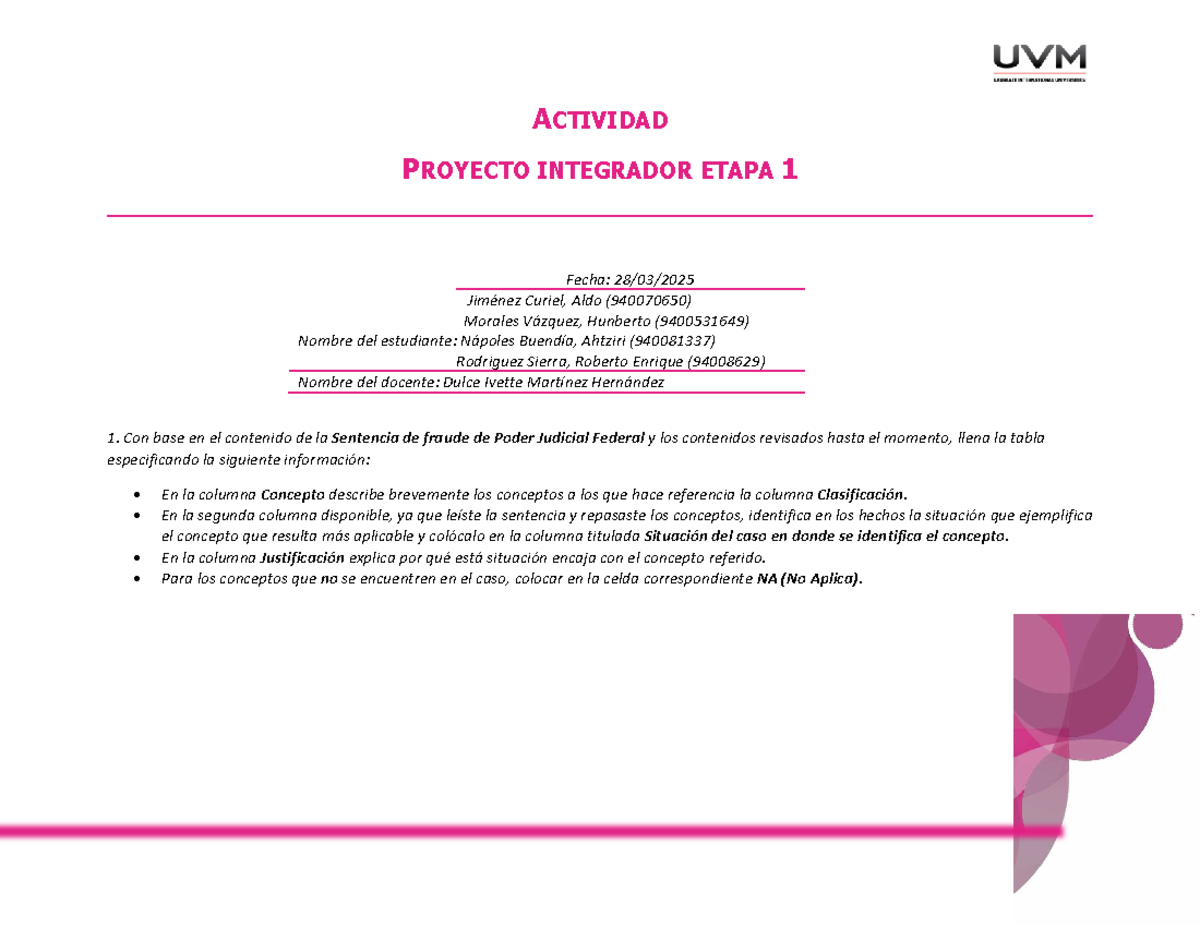 A2 PI Etapa 1 Eq1 Derecho Penal - ACTIVIDAD PROYECTO INTEGRADOR ETAPA 1 Fecha: 28 / 03 / 2025 ...