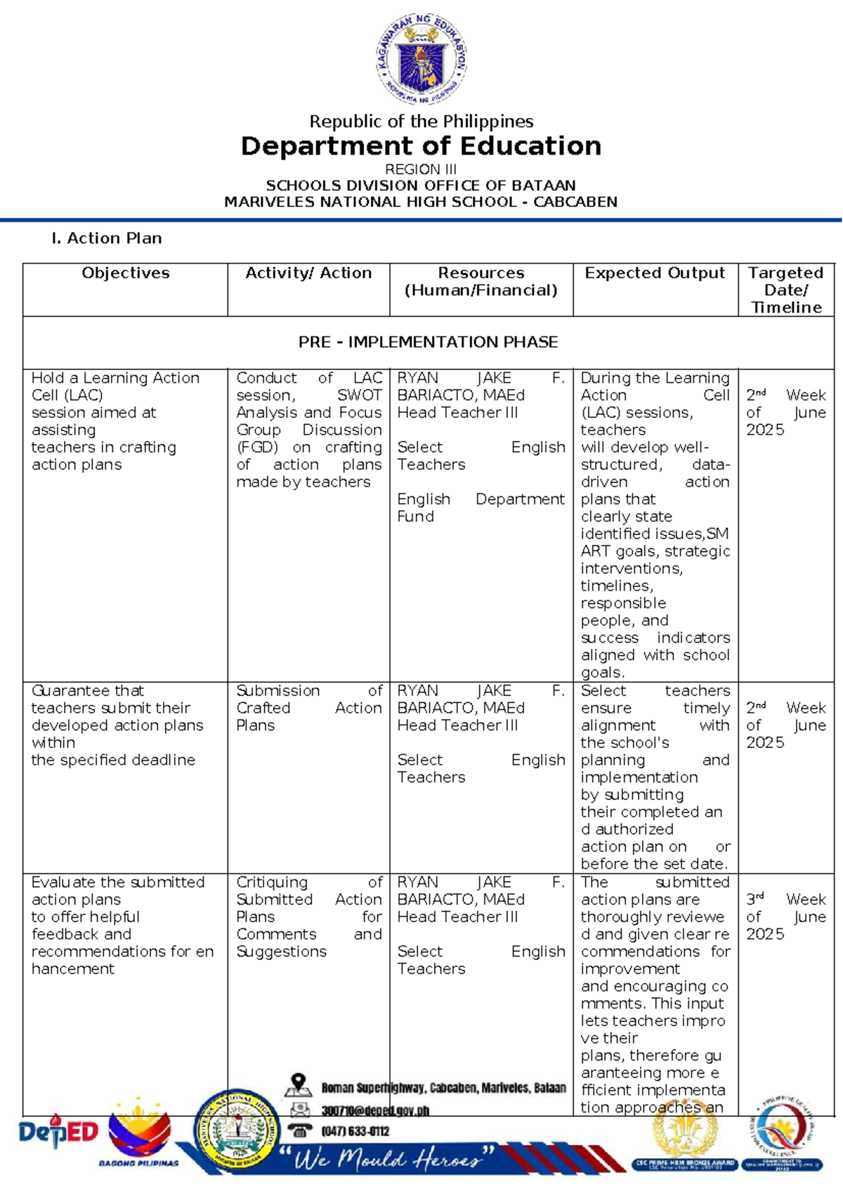 Action Plan for SY 2025-2026: English Dept. LAC Implementation - Studocu