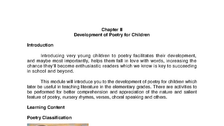 Chapter II: Development of Poetry for Children (ENG 101) - Studocu