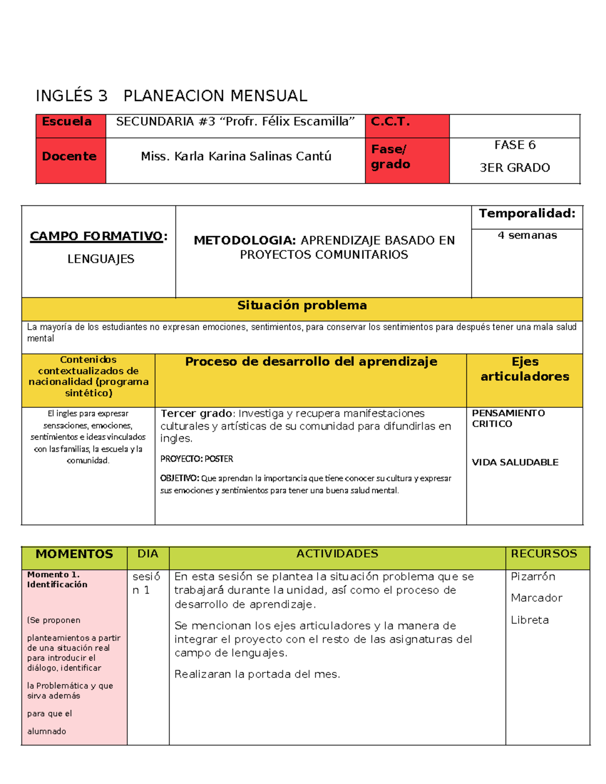 Planeacion octubre noviembre - INGLÉS 3 PLANEACION MENSUAL Escuela ...