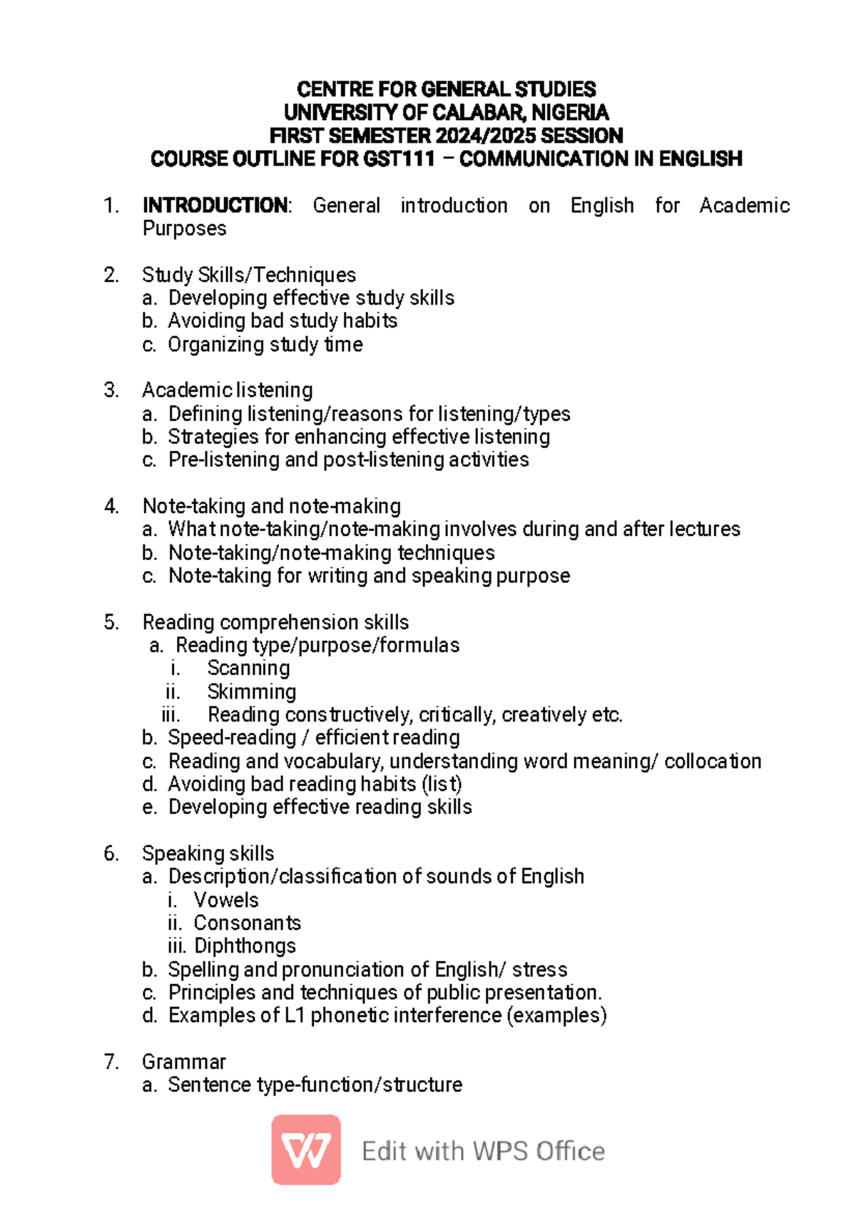 GST111 – Communication in English Course Outline for 2024/2025 - Studocu