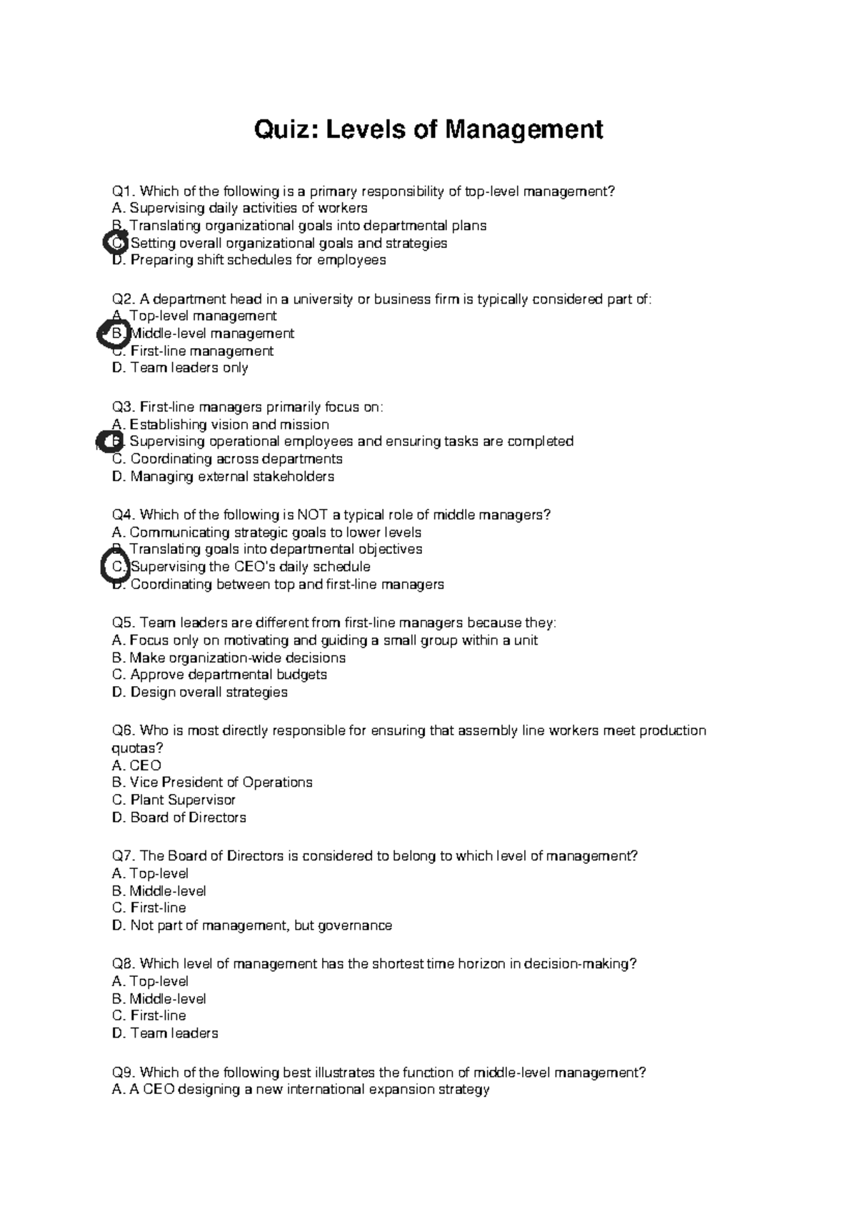Quiz: Management Levels - Key Responsibilities and Functions - Studocu ...