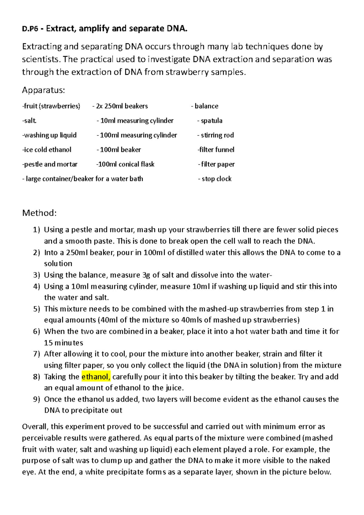 D.P6 - DNA Extraction and Separation Lab Experiment Summary - Studocu