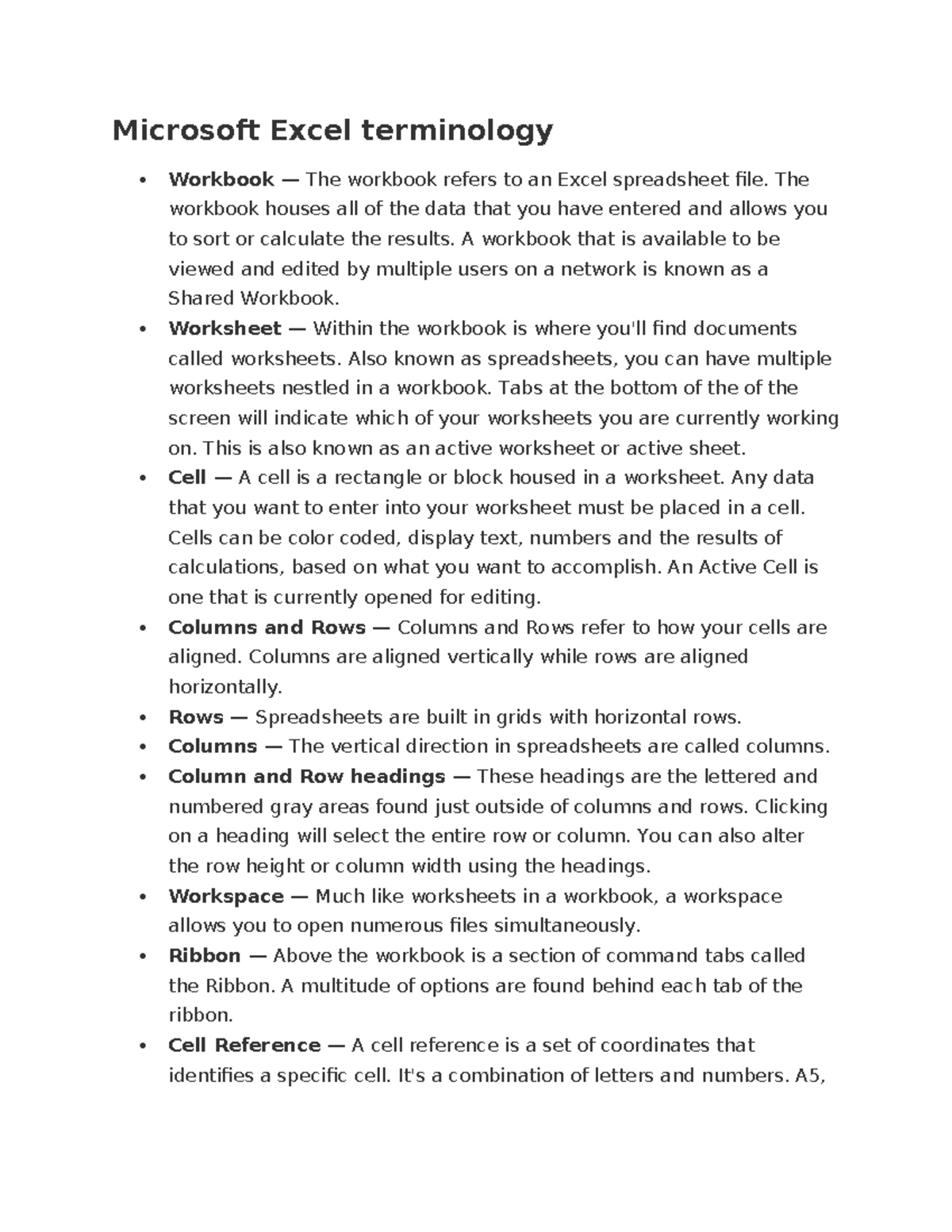 Microsoft Excel terminology overview and key concepts - Studocu