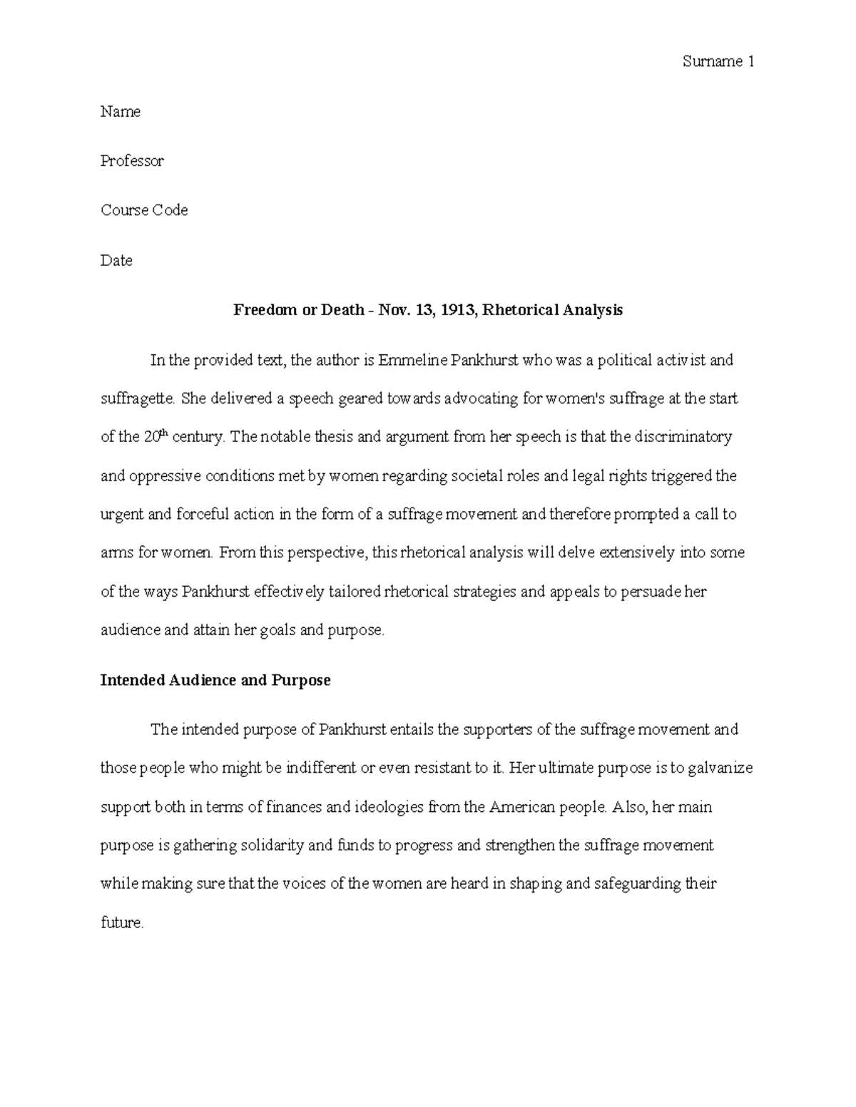 Rhetorical Analysis of Pankhurst's "Freedom or Death" - WL101 - Studocu