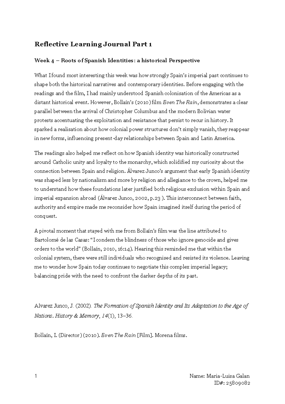 Reflective Learning Journal: Week 4 on Spanish Identities - Studocu