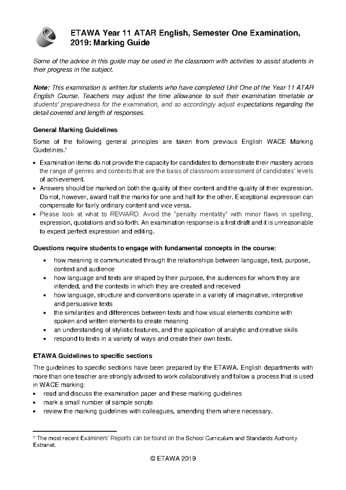ETAWA Year 11 ATAR English, Semester One Exam 2019: Marking Guide - Studocu