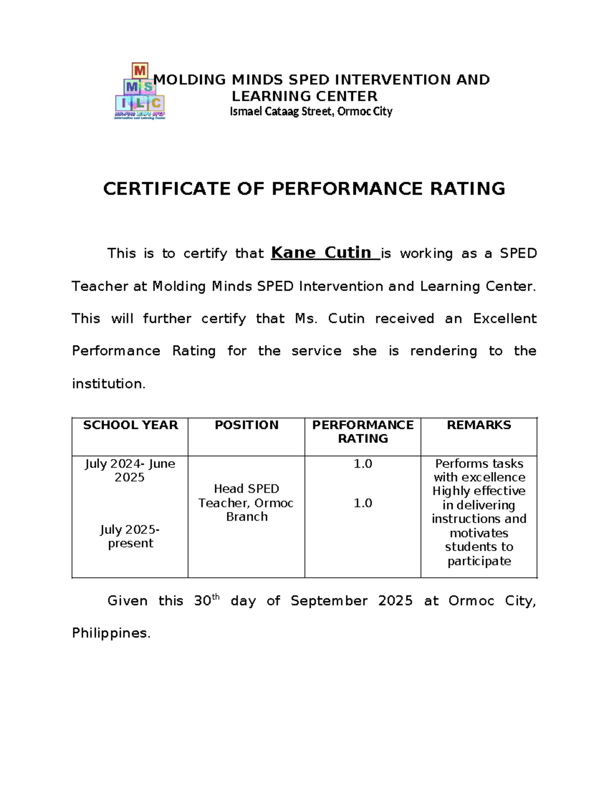 CERTIFICATE OF PERFORMANCE RATING - SPED TEACHER 2025 - Studocu