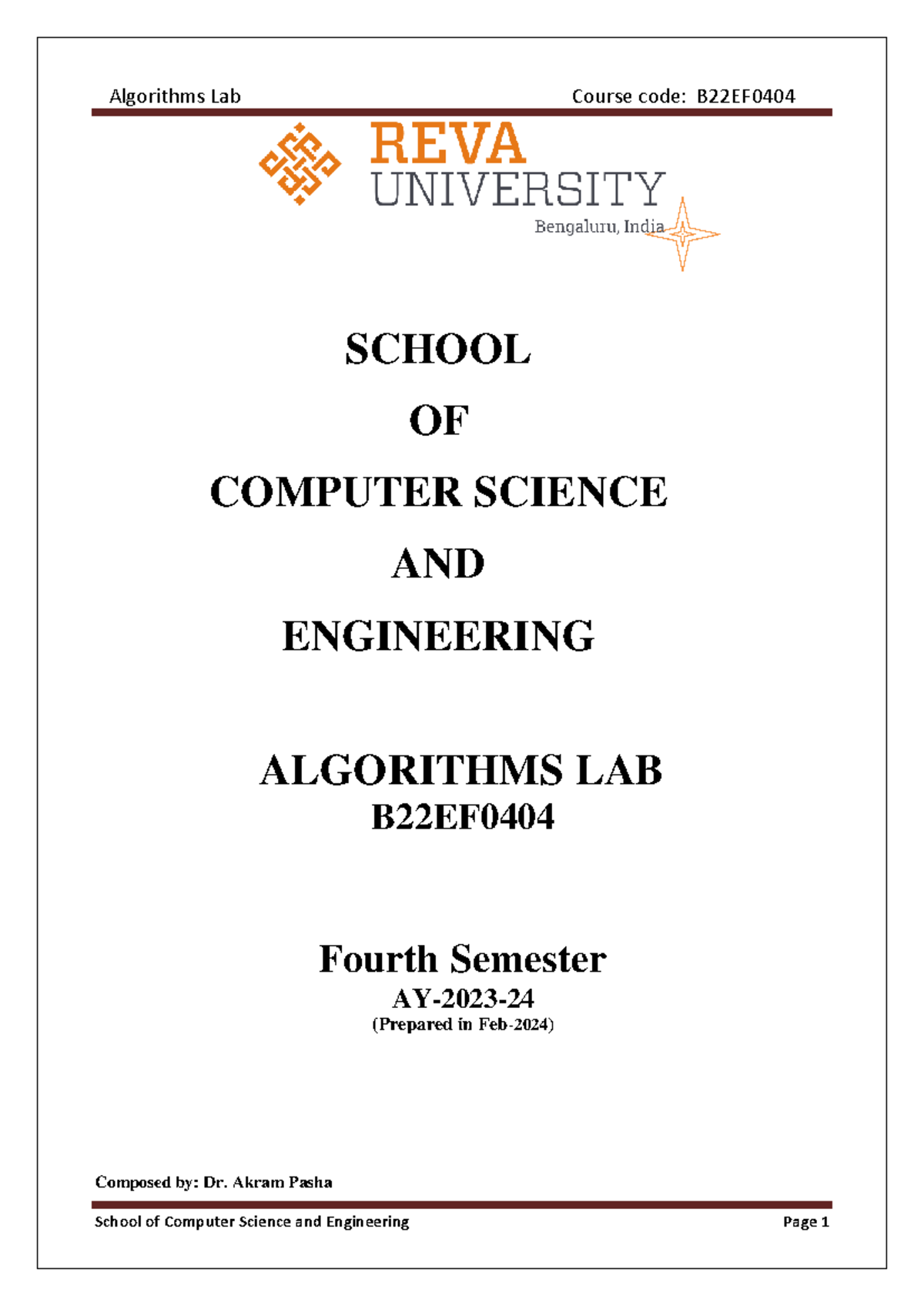 Algorithms Lab Manual - B22EF - 4th Sem 2023 - Prepared by Dr. Akram ...