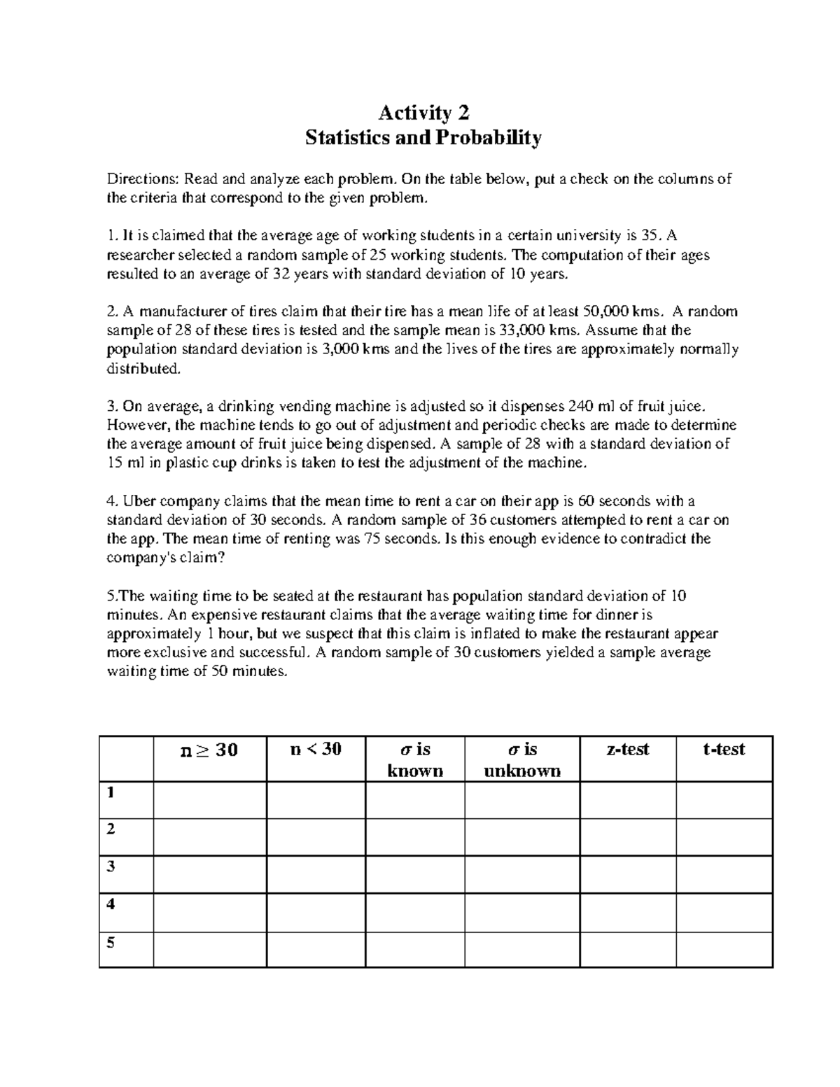 Activity 2 Statistics and Probability Worksheet - Activity 2 Statistics ...