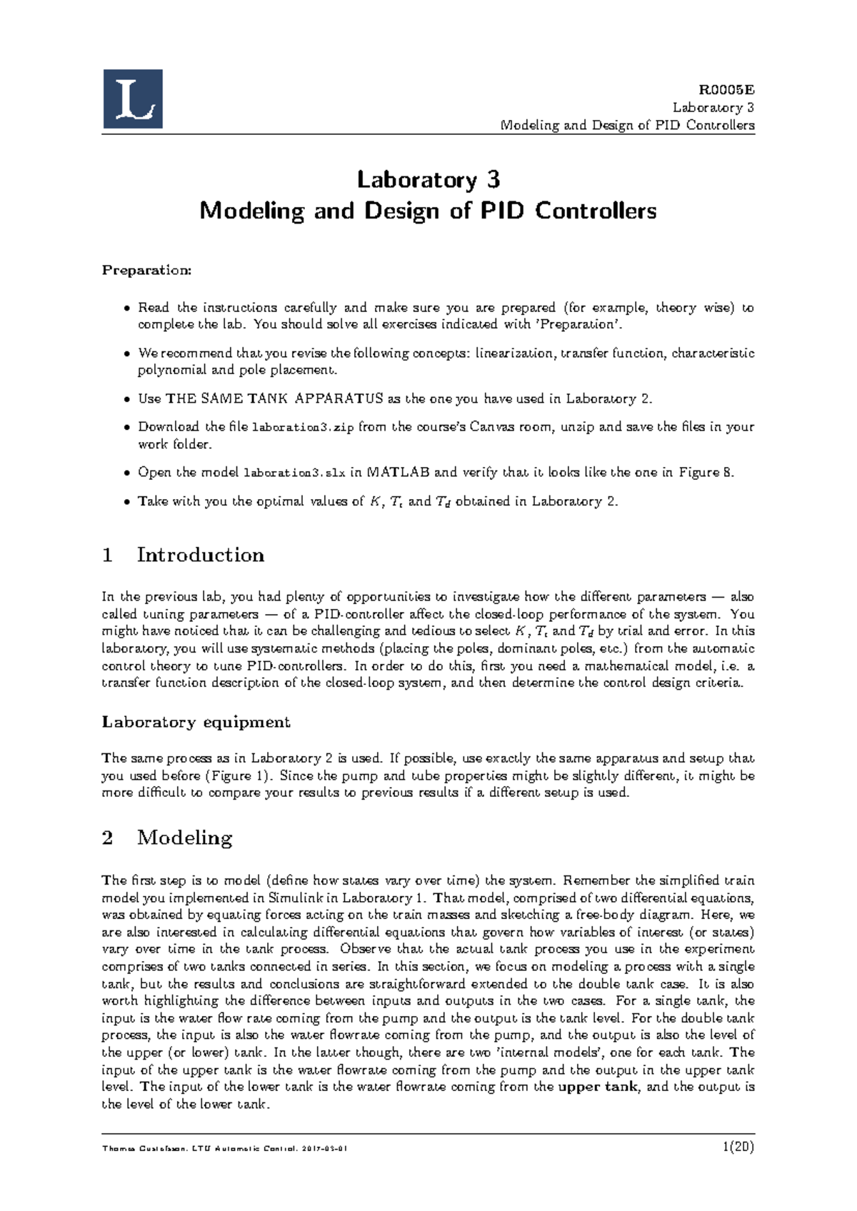 R0005E V25 Lab 03: Modeling and PID Controller Design - Studocu