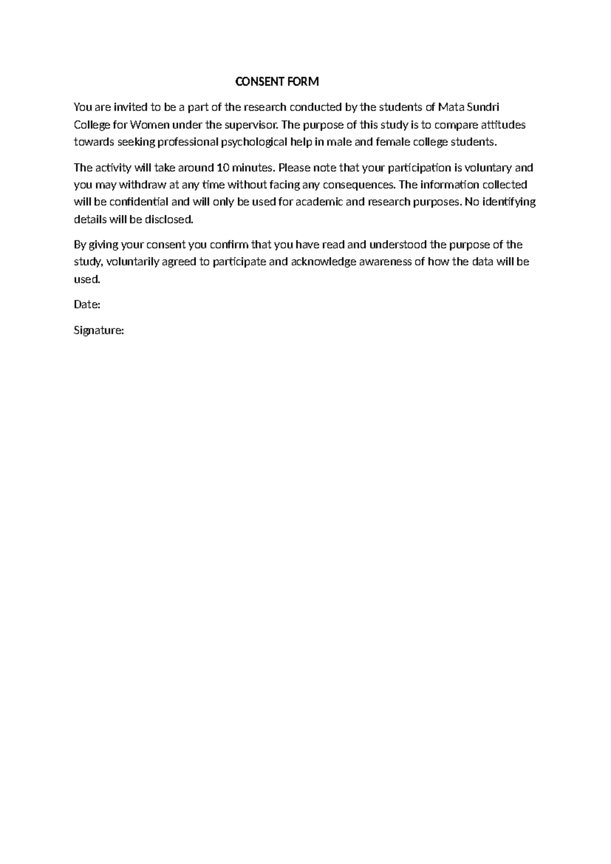 Consent Form for Research Study on Psychological Help Seeking - Studocu