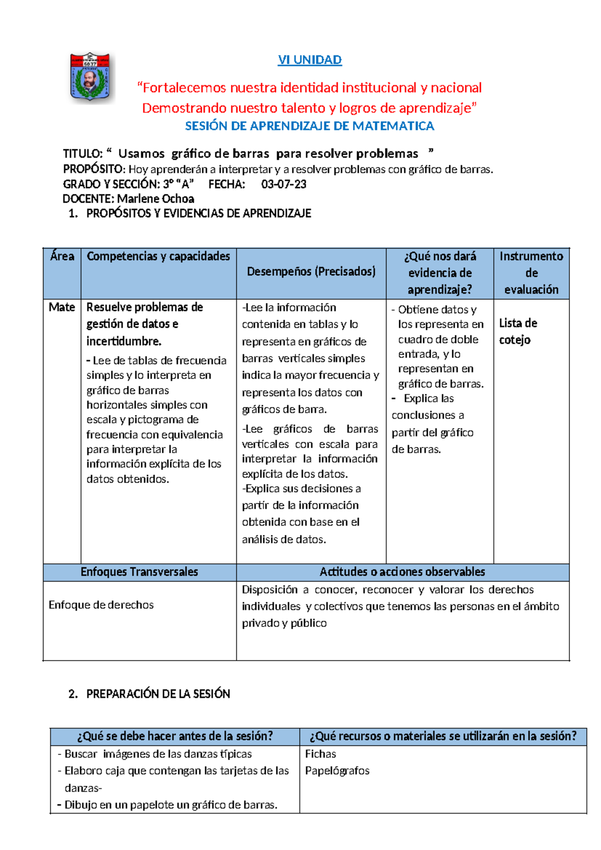 Sesión de Aprendizaje de Matemáticas - Gráficos de Barras 3° "A" - Studocu