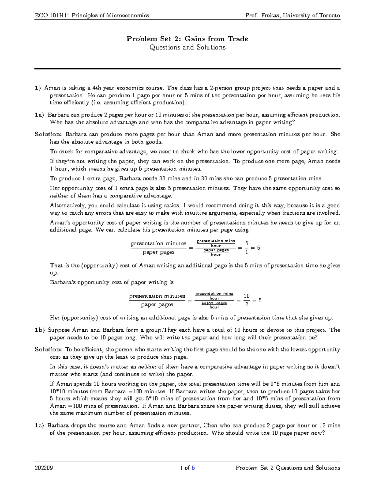 ECO 101H1: Microeconomics Problem Set 2 - Gains from Trade Solutions - Studocu