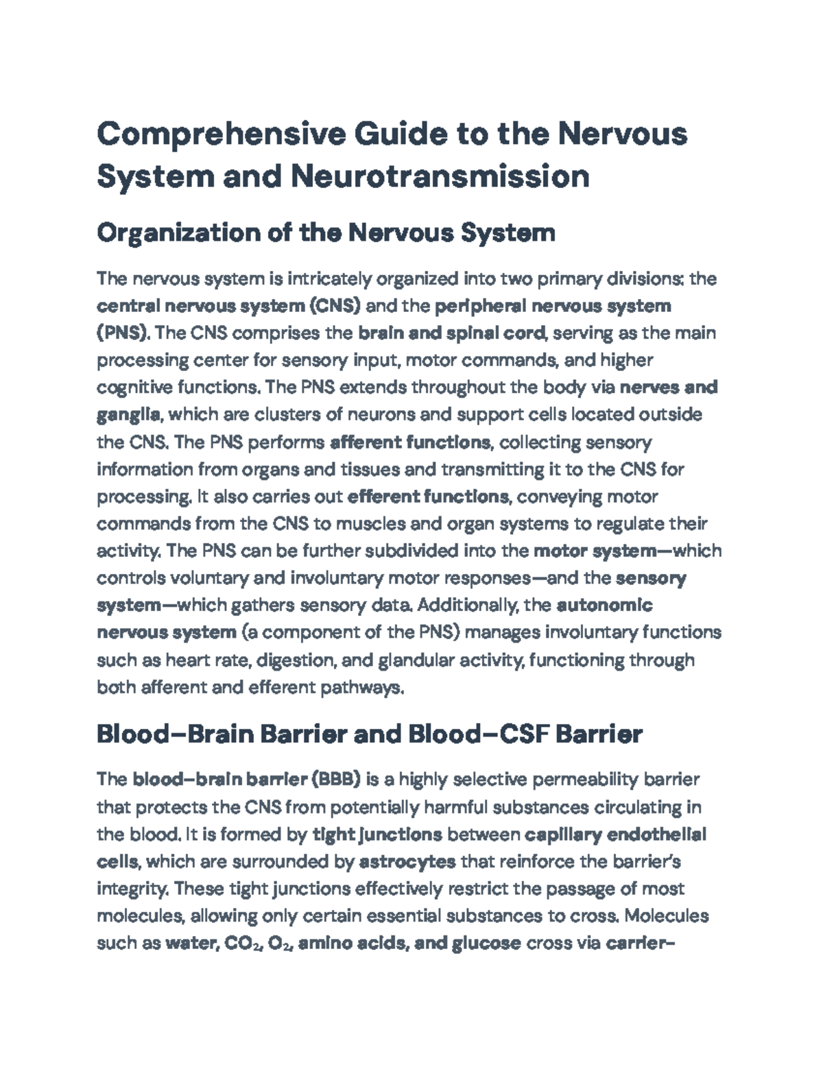 Comprehensive Study Guide: Nervous System & Neurotransmission (BIO101 ...