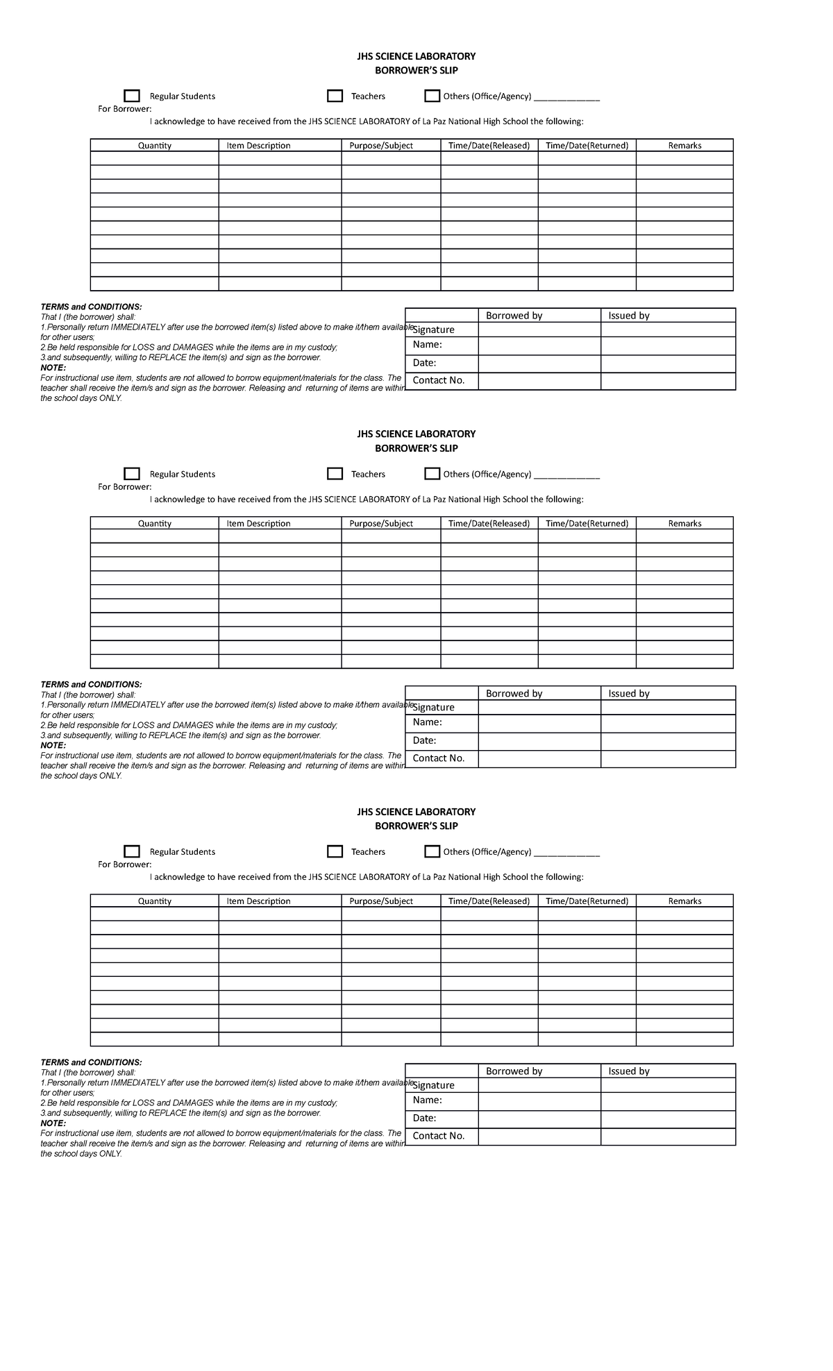 JHS Science Lab Borrower's Slip - Equipment Lending & Terms - Studocu