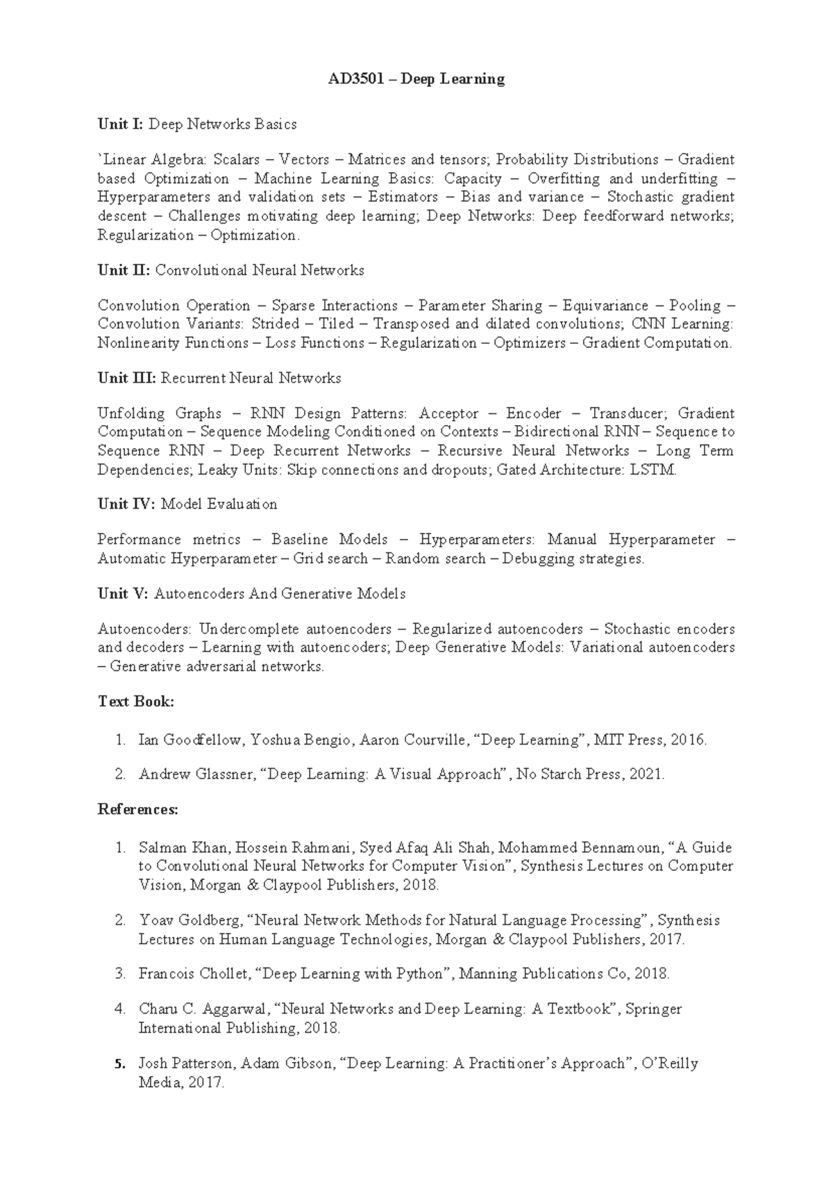AD3501 Deep Learning Syllabus: Units I-V Overview and Key Concepts ...