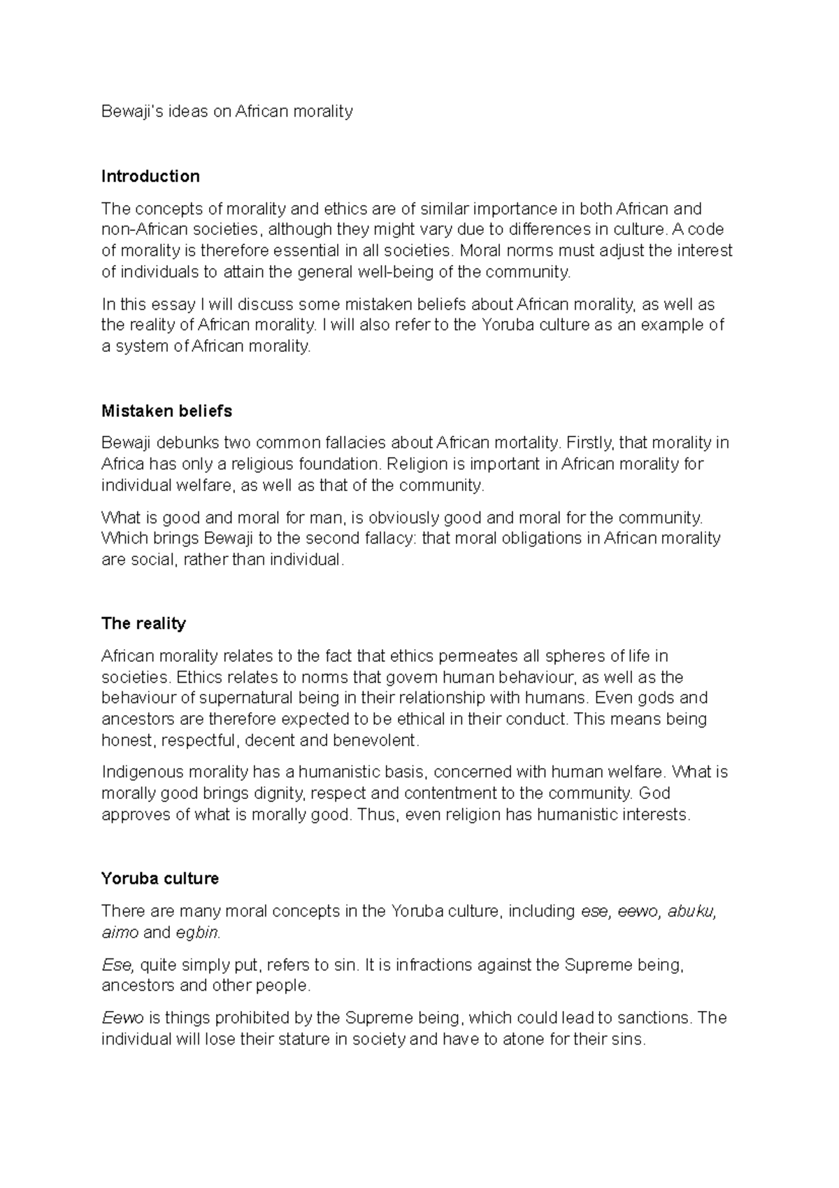 Bewaji's African Morality: Debunking Myths & Yoruba Insights Essay ...